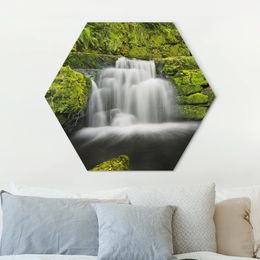 Bilderwelten Alu-Dibond Bild Hexagon Natur gr&uuml;n Motiv - Lower McLean Falls in Neuseeland - Wasserfall Wohnzimmer Schlafzimmer