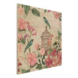 Holzbild Shabby Chic Collage - Rosa Blüten und blaue Vögel