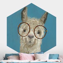 Hexagon Fototapete selbstklebend Lama mit Brille I