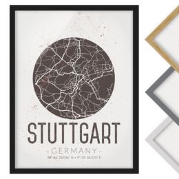 Bild mit Rahmen Stadtplan Stuttgart - Retro - gerahmte Wandbilder Print Schwarz-Wei&szlig; Spr&uuml;che Weltkarte Wohnzimmer Schlafzimmer Bad Badezimmer K&uuml;che