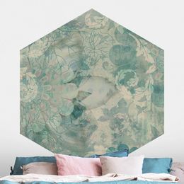 Bilderwelten Hexagon Tapete Vliestapete Vintage Wandtapete blau - Eisblumen - Ornamente Wohnzimmer Schlafzimmer