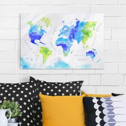 Glasbild Weltkarte Weltkarte Aquarell blau grün