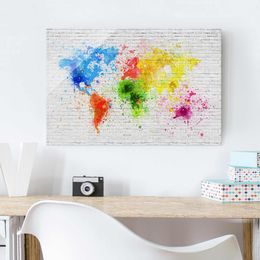 Glasbild Weltkarte Weiße Backsteinwand Weltkarte