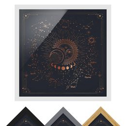 Bilderwelten Bild mit Rahmen Weltkarte blau Illustration inkl. Rahmung - Astrologie Sonne Mond und Sterne Blau Gold - Himmel Wohnzimmer Schlafzimmer