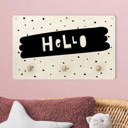 Kindergarderobe Holz Spruch Hello auf Pinselstrich Schwarz