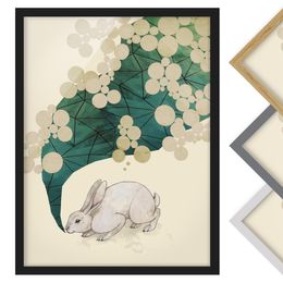Bilderwelten Bild mit Rahmen Tiere gr&uuml;n Pop Art Aquarell - Illustration Hase mit Punkten und Dreiecken - Geometrisch Wohnzimmer Schlafzimmer