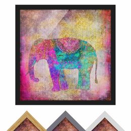 Bilderwelten Bild mit Rahmen Tiere bunt modern inkl. Rahmung - Bunte Collage - Indischer Elefant - Elefant Wohnzimmer Schlafzimmer