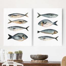 2-teiliges Leinwandbild Küche Acht Fische in Aquarell Set I