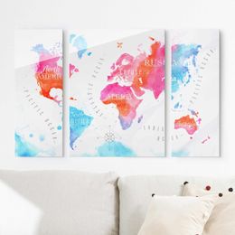 3-teiliges Glasbild Weltkarte Aquarell rot blau