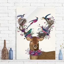 Glasbild Tiere Hirschgeweih mit Tauben