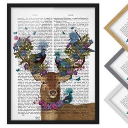Bilderwelten Bild mit Rahmen Tiere bunt Illustration inkl. Rahmung - Vogelf&auml;nger - Hirsch mit Tauben - Spr&uuml;che Wohnzimmer Schlafzimmer