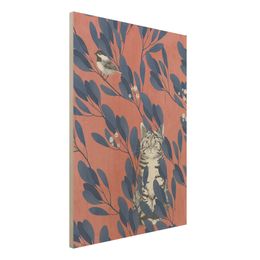 Holzbild Illustration Katze und Vogel auf Ast Blau Rot