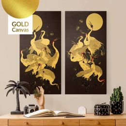 Leinwandbild - Wandbilder - Bilderwand - 2teilig Kraniche vor Mond Duo