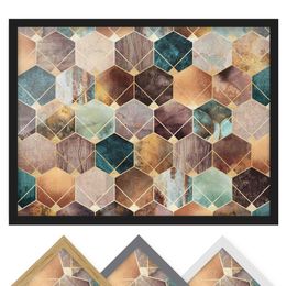 Bilderwelten Bild mit Rahmen originell gold Abstrakt Aquarell - T&uuml;rkise Geometrie goldenes Art Deco - Geometrisch Wohnzimmer Schlafzimmer