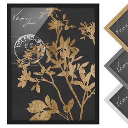 Bilderwelten Bild mit Rahmen Spr&uuml;che schwarz Vintage inkl. Rahmung - Goldene Bl&auml;tter auf Mokka II - Pflanzen Wohnzimmer Schlafzimmer