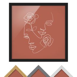 Bild mit Rahmen Line Art Gesichter Frauen Rosen Kupfer