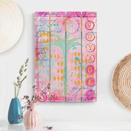 Holzbild Plankenoptik Bunte Collage - Bon Voyage mit Palme