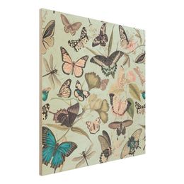 Holzbild Vintage Collage - Schmetterlinge und Libellen
