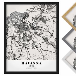 Bild mit Rahmen Stadtplan Havanna - Klassik - gerahmte Wandbilder Print Schwarz-Wei&szlig; Spr&uuml;che Weltkarte Wohnzimmer Schlafzimmer Bad Badezimmer K&uuml;che