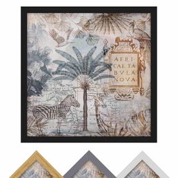 Bilderwelten Bild mit Rahmen Tiere beige Vintage inkl. Rahmung - Vintage Collage Landkarte Afrika - Pflanzen Wohnzimmer Schlafzimmer