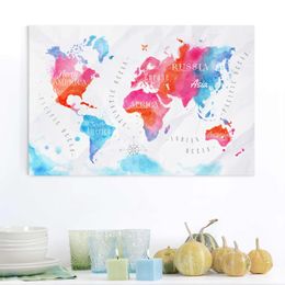 Glasbild Weltkarte Weltkarte Aquarell rot blau