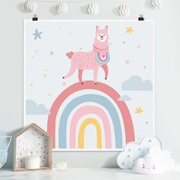 Poster Lama auf Regenbogen mit Sternen und P&uuml;nktchen