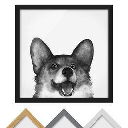 Bild mit Rahmen Illustration Hund Corgi Wei&szlig; Schwarz Malerei