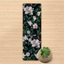 Yogamatte Kork Tropische Nacht mit weißen Blumen