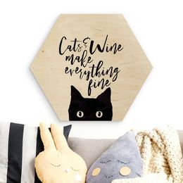 Hexagon-Holzbild Cats and Wine make everything fine