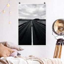 Bilderwelten Poster Natur schwarz weiss Motiv matt gl&auml;nzend selbstklebend - Gerade Stra&szlig;e in Island - Landschaft Wohnzimmer Schlafzimmer