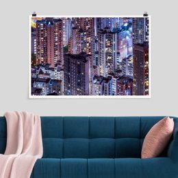 Bilderwelten Poster Stadt grau Motiv matt gl&auml;nzend selbstklebend - Hongkong Lichtermeer - Asia Wohnzimmer Schlafzimmer