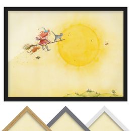 Bilderwelten Bild mit Rahmen gelb Illustration Aquarell - Frida und Kater Pumpernickel - Deko Kinderzimmer Baby M&auml;dchen Jungen