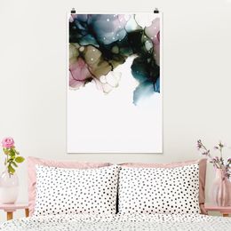 Bilderwelten Poster originell blau Abstrakt Aquarell - Blumenbogen mit Gold - Wohnzimmer Schlafzimmer