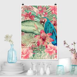 Bilderwelten Poster Tiere bunt Tropisch matt gl&auml;nzend selbstklebend - Blumenparadies tropischer Papagei - Pflanzen Wohnzimmer Schlafzimmer