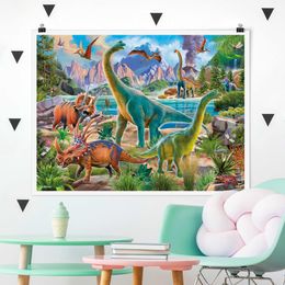 Bilderwelten Poster Tiere bunt Illustration matt gl&auml;nzend selbstklebend - Brachiosaurus und Tricaterops - Dinosaurier Kinderzimmer Baby M&auml;dchen Jungen
