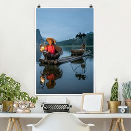 Bilderwelten Poster Natur blau Motiv matt gl&auml;nzend selbstklebend - Kormoranfischer am Abend - Asia Wohnzimmer Schlafzimmer