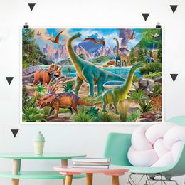 Bilderwelten Poster Tiere bunt Illustration matt gl&auml;nzend selbstklebend - Brachiosaurus und Tricaterops - Dinosaurier Kinderzimmer Baby M&auml;dchen Jungen