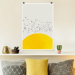 Bilderwelten Poster Natur gelb modern matt gl&auml;nzend selbstklebend - Vogelschwarm vor gelber Sonne - Sonnenuntergang Wohnzimmer Schlafzimmer