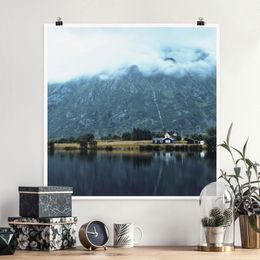 Bilderwelten Poster Natur blau Motiv matt gl&auml;nzend selbstklebend - Spiegelung auf den Lofoten - Berg Wohnzimmer Schlafzimmer