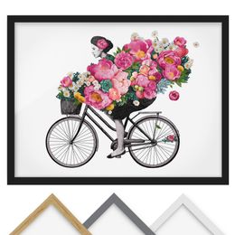 Gerahmtes Bild Illustration Frau auf Fahrrad Collage bunte Blumen