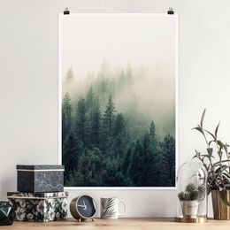 Bilderwelten Poster Wald gr&uuml;n Motiv matt gl&auml;nzend selbstklebend - Wald im Nebel Erwachen - B&auml;ume Wohnzimmer Schlafzimmer