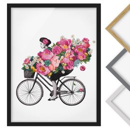 Bilderwelten Bild mit Rahmen Blumen rosa Pop Art inkl. Rahmung - Illustration Frau auf Fahrrad Collage bunte Blumen - Fahrrad Wohnzimmer Schlafzimmer