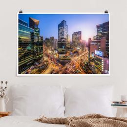Bilderwelten Poster Stadt orange Motiv matt gl&auml;nzend selbstklebend - Stadtlichter von Gangnam - Architektur Wohnzimmer Schlafzimmer