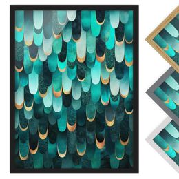 Bilderwelten Bild mit Rahmen originell t&uuml;rkis Abstrakt Aquarell - Federn Gold T&uuml;rkis - Geometrisch Wohnzimmer Schlafzimmer
