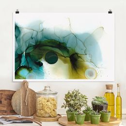 Bilderwelten Poster originell petrol Abstrakt Aquarell - Goldener Waldspaziergang - Wohnzimmer Schlafzimmer