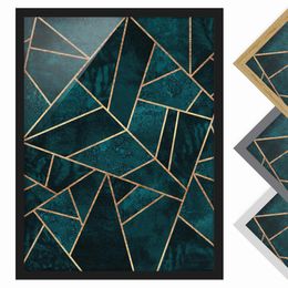 Bilderwelten Bild mit Rahmen Abstrakt Dunkles Türkis mit Gold Poster FineArt Wandbilder Kunstdruck 4 Rahmen-Farben
