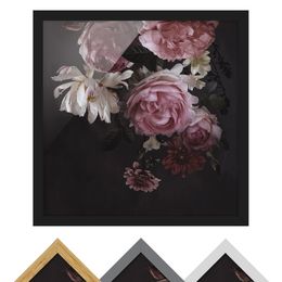 Bild mit Rahmen Rosa Blumen auf Schwarz