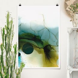 Bilderwelten Poster originell petrol Abstrakt Aquarell - Goldener Waldspaziergang - Wohnzimmer Schlafzimmer