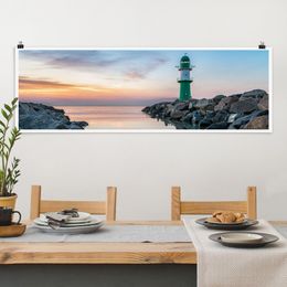 Bilderwelten Poster Strand blau Motiv matt gl&auml;nzend selbstklebend - Sunset at the Lighthouse - Sonnenuntergang Wohnzimmer Schlafzimmer