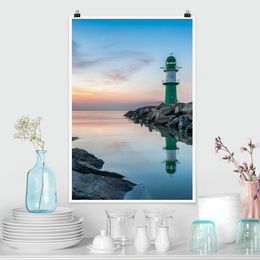 Bilderwelten Poster Strand blau Motiv matt gl&auml;nzend selbstklebend - Sunset at the Lighthouse - Sonnenuntergang Wohnzimmer Schlafzimmer